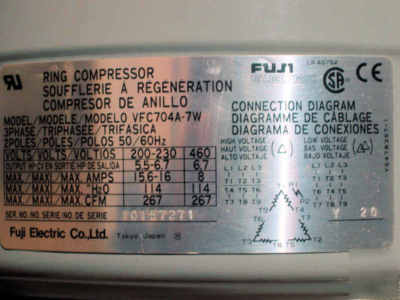 Fuji electric #VFC704A-7W regenerative ring compressor